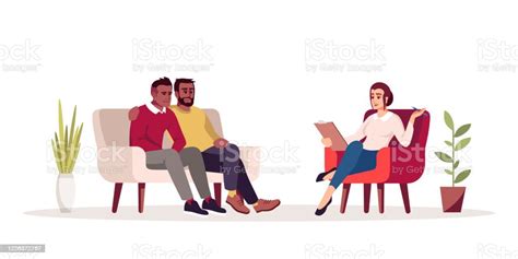 그룹 치료 세션 세미 플랫 Rgb 색상 벡터 일러스트레이션 형제 관계 문제 동성 결혼 문제 심리학 상담 흰색 배경에 고립 된