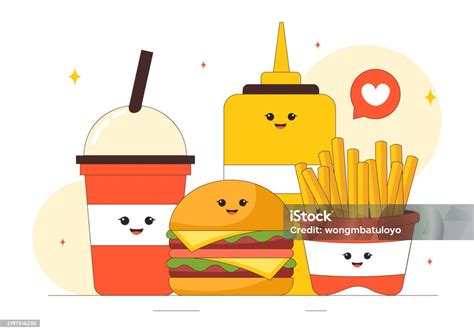 패스트 푸드 식사를 특징으로하는 정크 푸드 벡터 일러스트 레이 션 예를 들어 감자 튀김 피자 프라이드 치킨 그리고 햄버거 플랫 스타일 만화 배경 감자 요리에 대한 스톡 벡터