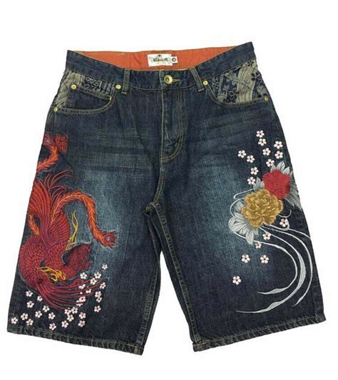 mens jeans shorts capri denim japanese pattern embroidery phoenix