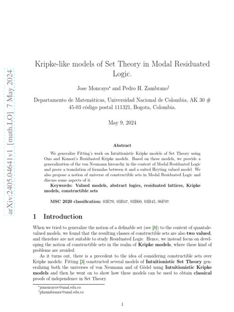 Kripke Like Models Of Set Theory In Modal Residuated Logic Download Free Pdf Mathematical