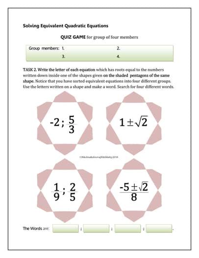 Solving Quadratic Equations Group Activity Sorting And Word Search