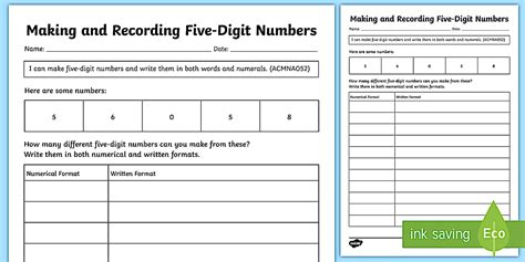 making and recording five digit numbers open ended worksheet worksheet