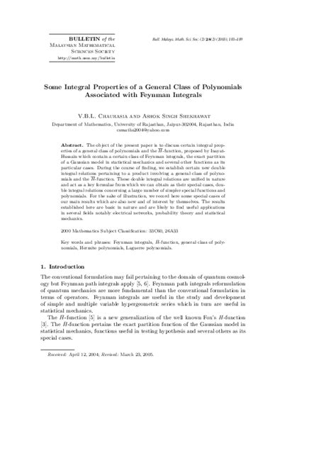 Pdf Some Integral Properties Of A General Class Of Polynomials Associated With Feynman Integrals