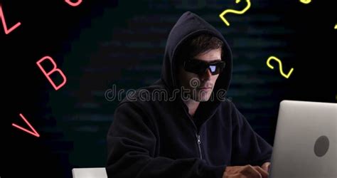 image of numbers and letters over caucasian hacker using computer stock
