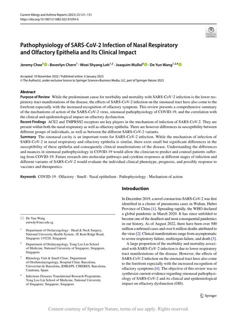 Pathophysiology Of Sars Cov 2 Infection Of Nasal Respiratory And