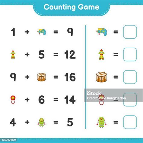 카운트 앤 매치 아기 딸랑이 로봇 캐릭터 물 총 로켓 드럼의 수를 계산하고 올바른 숫자와 일치합니다 교육 어린이 게임 인쇄 워크