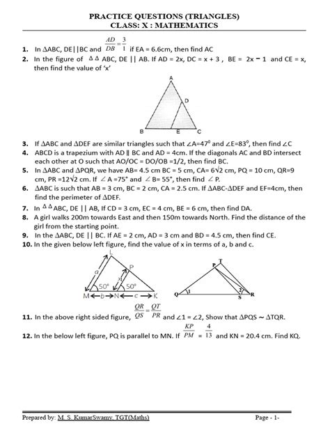 Practice Questions Triangles Class X Pdf Geometry Euclidean Plane Geometry