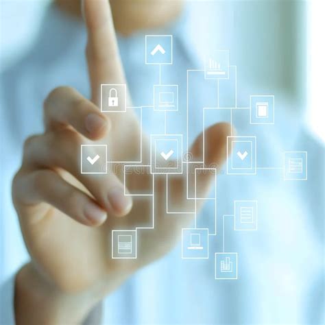 A Hand Interacts With A Futuristic Digital Interface Featuring A Network Of Icons And Glowing