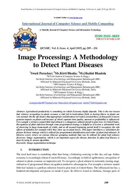 Pdf Image Processing A Methodology To Detect Plant Diseases﻿ Ijcsmc Journal And Swati