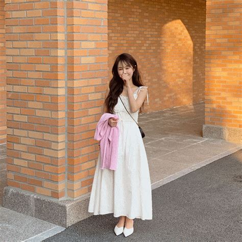 엘프 리본 뷔스티에 스모크 밴딩 나시 레이스 끈 롱 원피스 에이블리