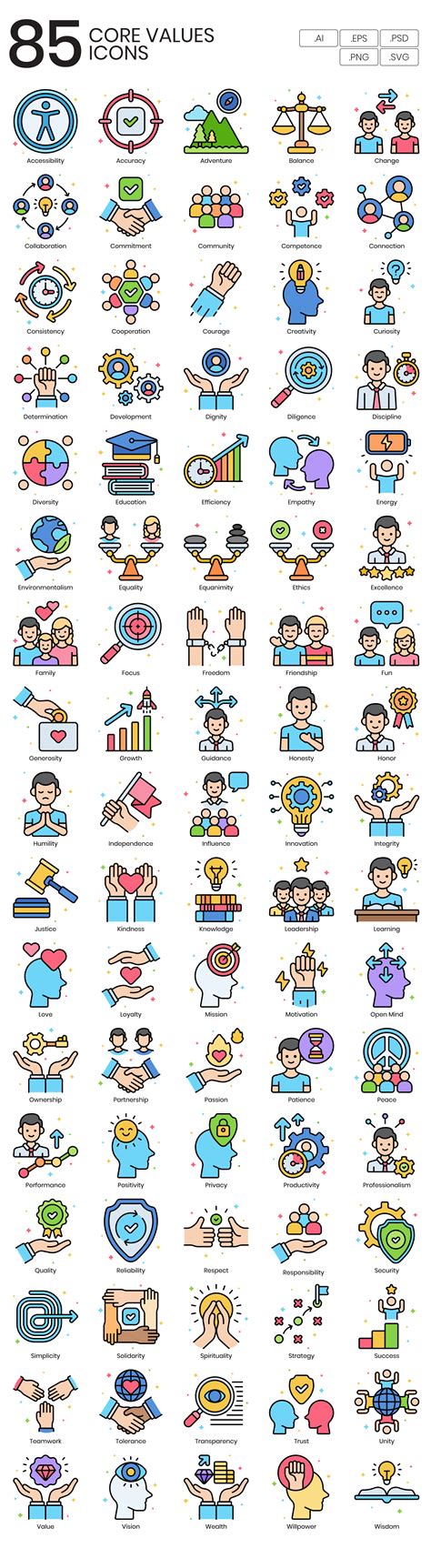 85 Core Values Icon Set Flat Icons