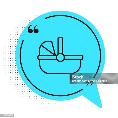 흰색 배경에 격리 된 블랙 라인 유모차 아이콘 유모차 버기 유모차 유모차 바퀴 파란색 음성 버블 기호입니다 벡터 0명에 대한 스톡 벡터 아트 및 기타 이미지 Istock