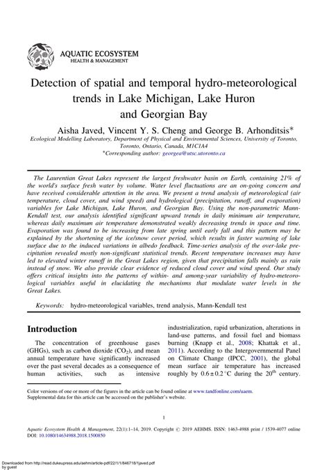 Pdf Detection Of Spatial And Temporal Hydro Meteorological Trends In Lake Michigan Lake Huron
