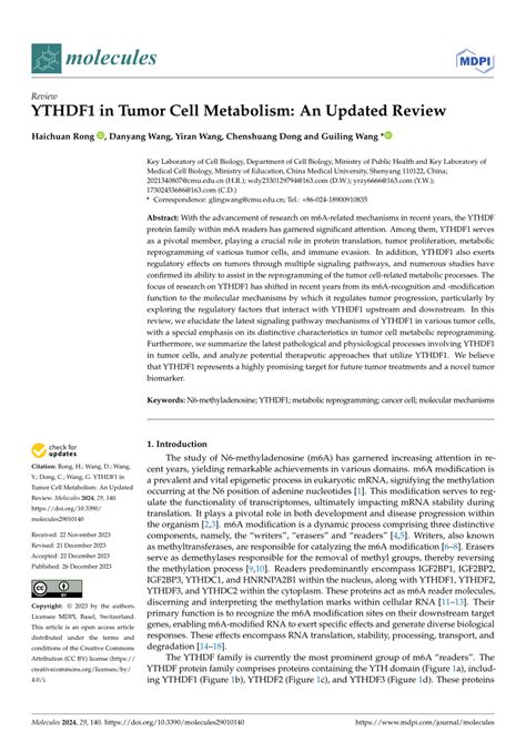 Pdf Ythdf1 In Tumor Cell Metabolism An Updated Review