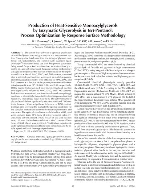 Pdf Production Of Heat‐sensitive Monoacylglycerols By Enzymatic Glycerolysis In Tert‐pentanol