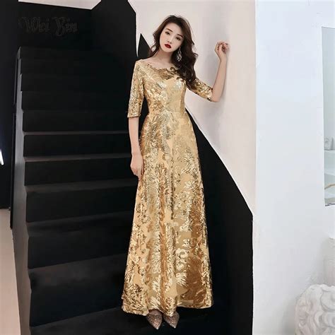 Elegant Golden Floral Embroidered Evening Gown Dress On Luulla