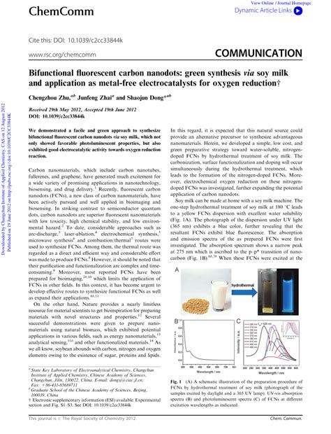 Pdf Bifunctional Fluorescent Carbon Nanodots Green Synthesis Via Soy Milk And Application As