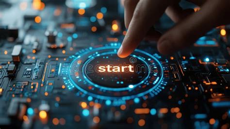 Initiating Digital Innovation Hand On Start Button Tech Environment Modern Interface Stock Image Initiating Digital Innovation Hand On Start Button Tech Environment Modern Interface Stock Image