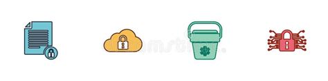 Set Document And Lock Cloud Computing Cooler Bag And Cyber Security Icon Vector Stock Vector
