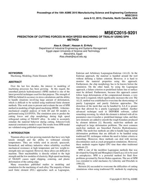 Pdf Prediction Of Cutting Forces In High Speed Machining Of Ti6al4v Using Sph Method