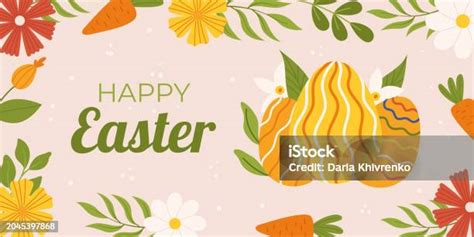 부활절 판매 홍보를 위한 수평 배경 템플릿입니다 오렌지색으로 칠한 달걀 3개 꽃과 잎 당근으로 디자인 가리기에 대한 스톡 벡터 아트 및 기타 이미지 Istock