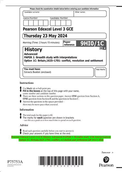 Pearson Edexcel Level GCE History Advanced PAPER Breadth Study With Interpretations Option