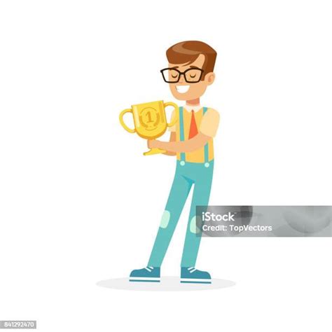 행복 학교 소년 우승자 컵 그의 승리 만화 벡터 일러스트 레이 션을 축 하 하는 아이 들고 교육에 대한 스톡 벡터 아트 및 기타