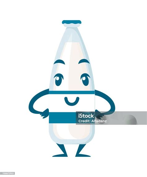 유리 우유 병 마스코트 만화 캐릭터 디자인 라벨이 붙은 병 우유 한 병 흰색 배경에서 격리된 플랫 벡터 그림 칼슘에 대한 스톡 벡터 아트 및 기타 이미지 Istock