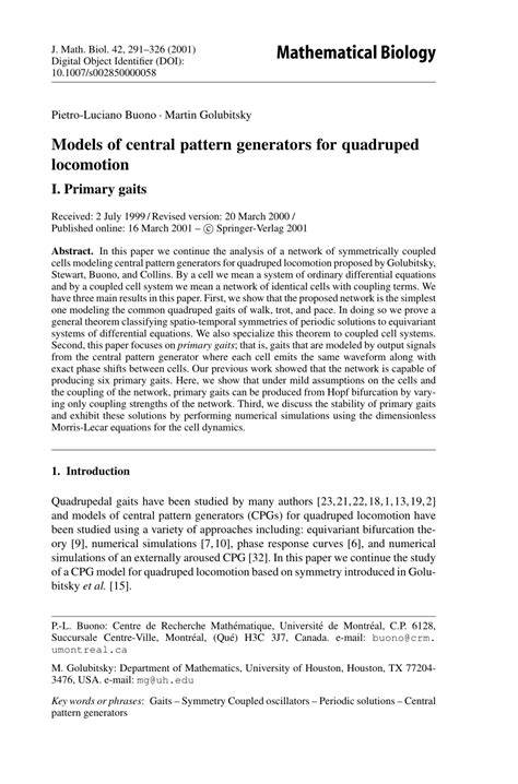 Pdf Models Of Central Pattern Generators For Quadruped Locomotion I Primary Gaits