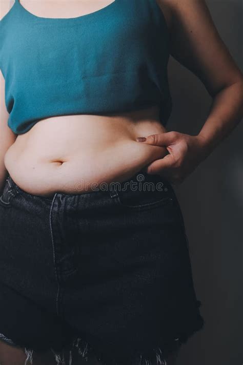 Fat Woman Fat Belly Chubby Obese Woman Hand Holding Excessive Belly