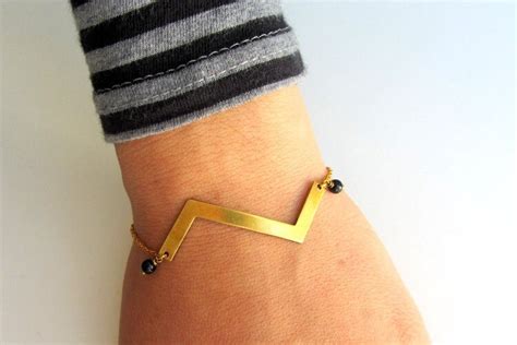 Geometric Zig Zag Brass Chain Bracelet With Black By Arrowsrain
