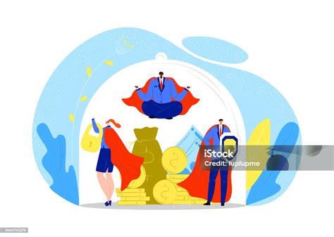 사업가 사람 슈퍼 히어로 작업 벡터 일러스트에 대한 성공 만화 보안 비즈니스 배경에서 남성의 힘 의상을 입은 남자는 돈을 보호합니다 개념에 대한 스톡 벡터 아트 및 기타