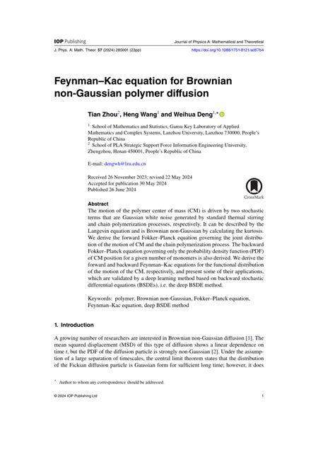 Feynmankac Equation For Brownian Non Gaussian Polymer Diffusion
