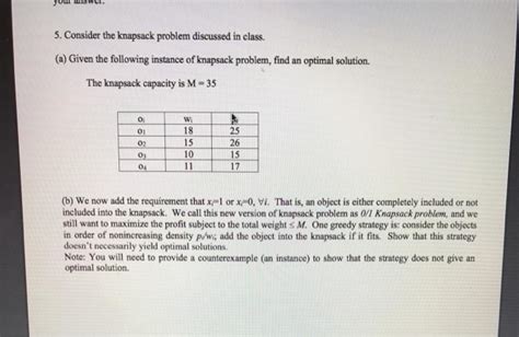 solved 5 consider the knapsack problem discussed in class
