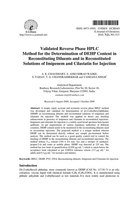 Pdf Validated Reverse Phase Hplc Method For The Determination Of Dehp