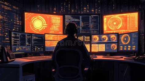Person Monitoring Network Data On Multiple Screens At Night Stock