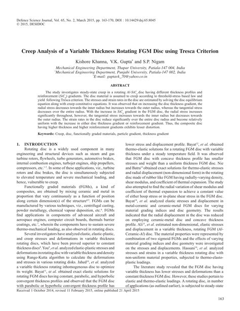 Pdf Creep Analysis Of A Variable Thickness Rotating Fgm Disc Using Tresca Criterion