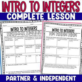 Integers Guided Lesson Notes Skills Practice Positive Negative Opposites