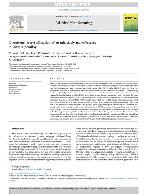 Pdf Directional Recrystallization Of An Additively Manufactured Ni Base Superalloy