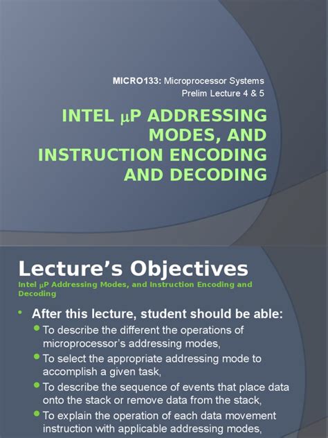 Micro133 Prelim Lecture 4 5 Intel P Addressing Modes And Instruction
