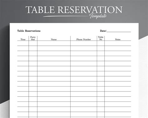 Printable Table Reservation List Restaurant Table Reservation Form