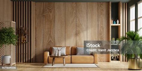 가죽 소파와 나무 벽 배경에 장식이 있는 인테리어 거실 벽 모형3d 렌더링 0명에 대한 스톡 사진 및 기타 이미지 0명 가구 가정의 방 Istock