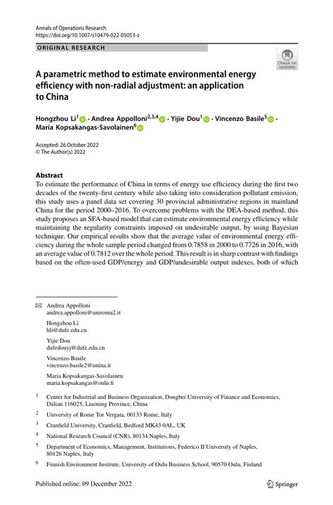 PDF A Parametric Method To Estimate Environmental Energy Efficiency With Non Radial Adjustment