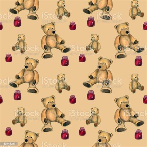 부드러운 노란색 배경에 두 개의 귀여운 테디 베어와 잼 항아리가있는 매끄러운 패턴 테디 베어에 대한 스톡 벡터 아트 및 기타 이미지 테디 베어 고풍스런 복고풍