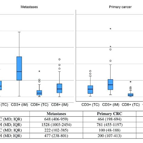Boxplot Of Cd3 And Cd8 Densities Cells1 Mm 2 At The Tumour Download Scientific Diagram
