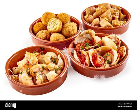 Assorted Traditional Spanish Tapas Snacks With Spicy Prawns Steamed Venus Shell Clams Spicy