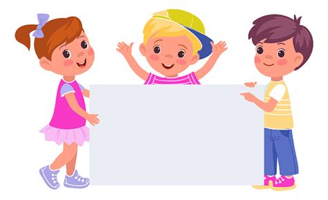 배너가있는 어린이 어린 소년과 소녀는 빈 표면을 잡고 있습니다 직사각형 광고판을 보여주는 행복한 활동가들 빈 플래 카드로 서있는 아이들 웃는 십대들 벡터 일러스트 레이 션