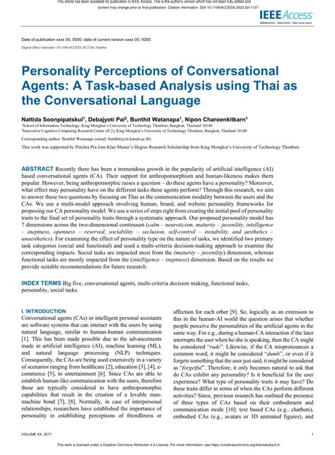 Pdf Personality Perceptions Of Conversational Agents A Task Based Analysis Using Thai As The