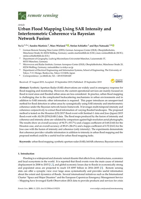 Pdf Urban Flood Mapping Using Sar Intensity And Interferometric