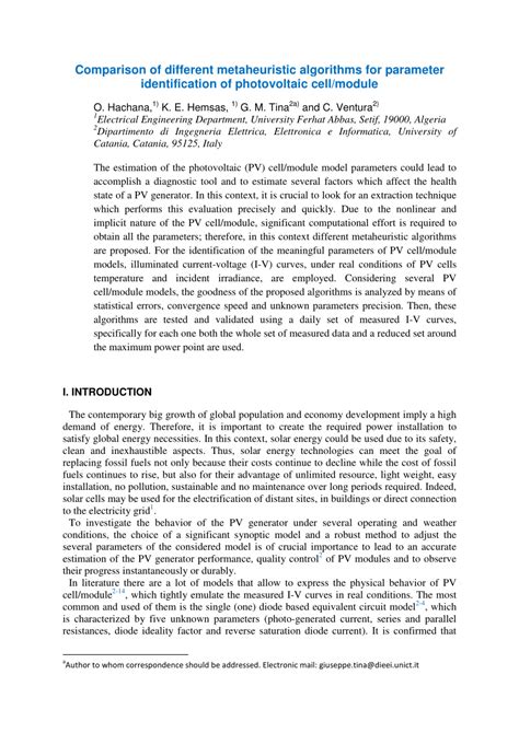 Pdf Photovoltaic Model Identification By Particle Swarm Optimization For On Line Monitoring